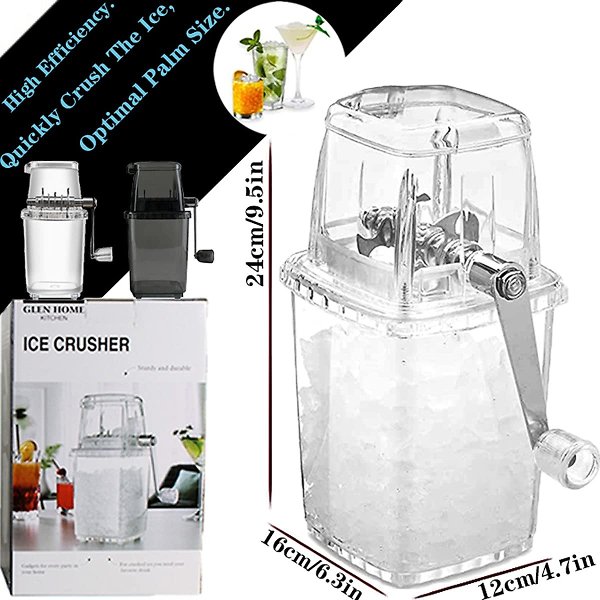 CZ-XING Ice Crusher Manual Rotary Ice Crusher Cocktails Slush Machine Ice Cube Crushed Smoothies Ice Crusher Machine Home 1.25L Chrome Plated Ice Grinder Ice cube Drinks Chopper Stirrer (Transparent)