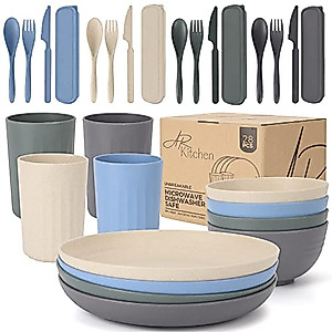 AR Kitchen Wheat Straw Dinnerware Set - 28-Pcs Unbreakable Dinnerware Set with Plates, Bowls, Cutlery, Drinking Cups - Eco-Friendly Natural Wheat Straw - Non-BPA Food-Grade Microwave-Safe Dinnerware