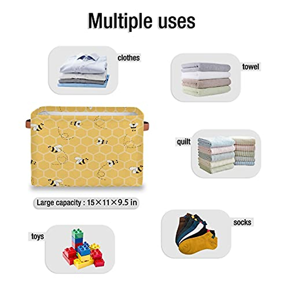 Storage Basket Organizer Animal Bee with Handles, Bee Print Foldable Storage Bins Rectangular Storage Box for Nursery Shelf Books Clothes Toys Kids Bins, 1 Pack
