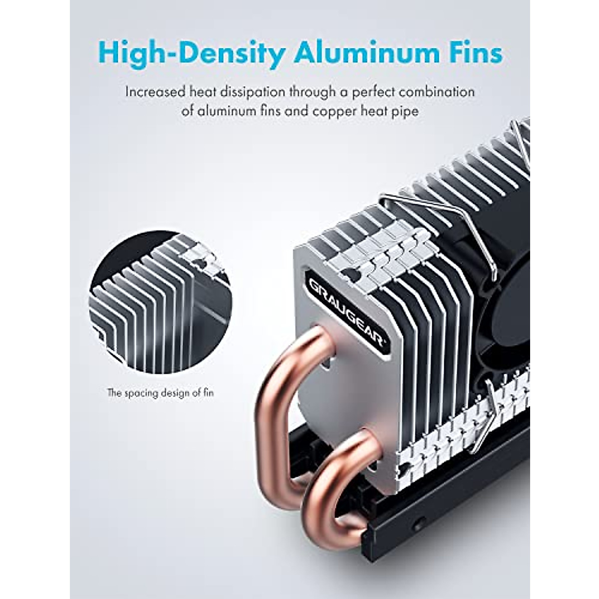 GRAUGEAR M.2 2280 SSD Heatsink, Direct-Touch Heat of Dual Copper Heat Pipes, 25 mm Cooling Fan Built-in PWM Control, Aluminum Plate-Fin Design, Thermal Pads incl. Cooler for M.2 NVMe/SATA[G-M2HP04-F]