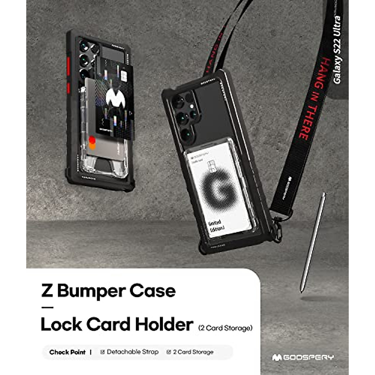 GOOSPERY Z Bumper Designed for Galaxy S22 Ultra Case, Shock Absorbing Dual Layer Structure TPU Edge Clear Back Cover with Detachable Clear Card Holder Stick On Phone Wallet