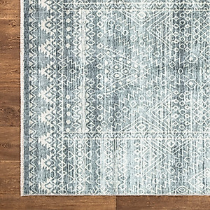Bloom Rugs Caria Washable Non-Slip 5x7 Rug - Teal/Ivory Geometric Area Rug for Living Room, Bedroom, Dining Room, and Kitchen - Exact Size: 5' x 7'