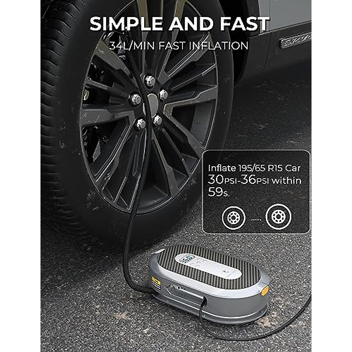 Tire Inflator Portable Air Compressor 150PSI with Pressure Gauge 12v Air Compressor Tire Inflator with Auto Retraction Power Cord, Auto Shut-off and Emergency LED Light By Giraffe Tools