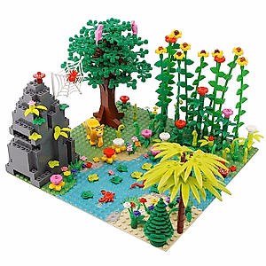 Feleph Jungle Toy Building Set MOC Garden Playset with 2 Baseplates Forest Wildlife Bridge Plants Trees Flowers Animals Cow Wetland Park Kit Block Accessories Compatible with Major Brand