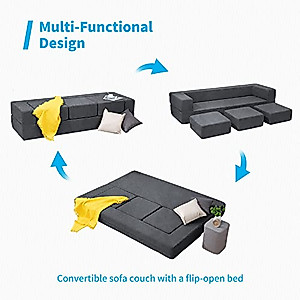 Mjkone Queen Convertible Velvet Futon Sofa Bed with 3 Ottomans, Memory Foam Fold Out Couch Bed, Foldable Floor Sofa, Guest Sleeper for Living Room,Dark Grey