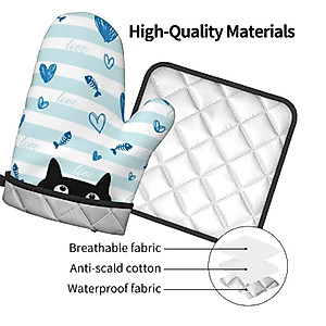 Cat Oven Mitts and Pot Holder, Cat Heat Resistant Gloves Hot Pads for Kitchen Cooking Baking Grilling Barbecue Cotton Oven Mitts