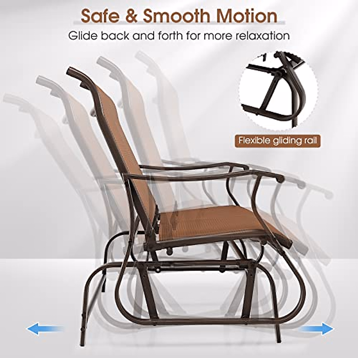 Tangkula Patio Glider Bench, 2-Person Outdoor Rocking Bench with High Back & Curved Armrests, Swing Glider Loveseat with Spacious Seat for Backyard, Balcony, Poolside, Porch (Brown)