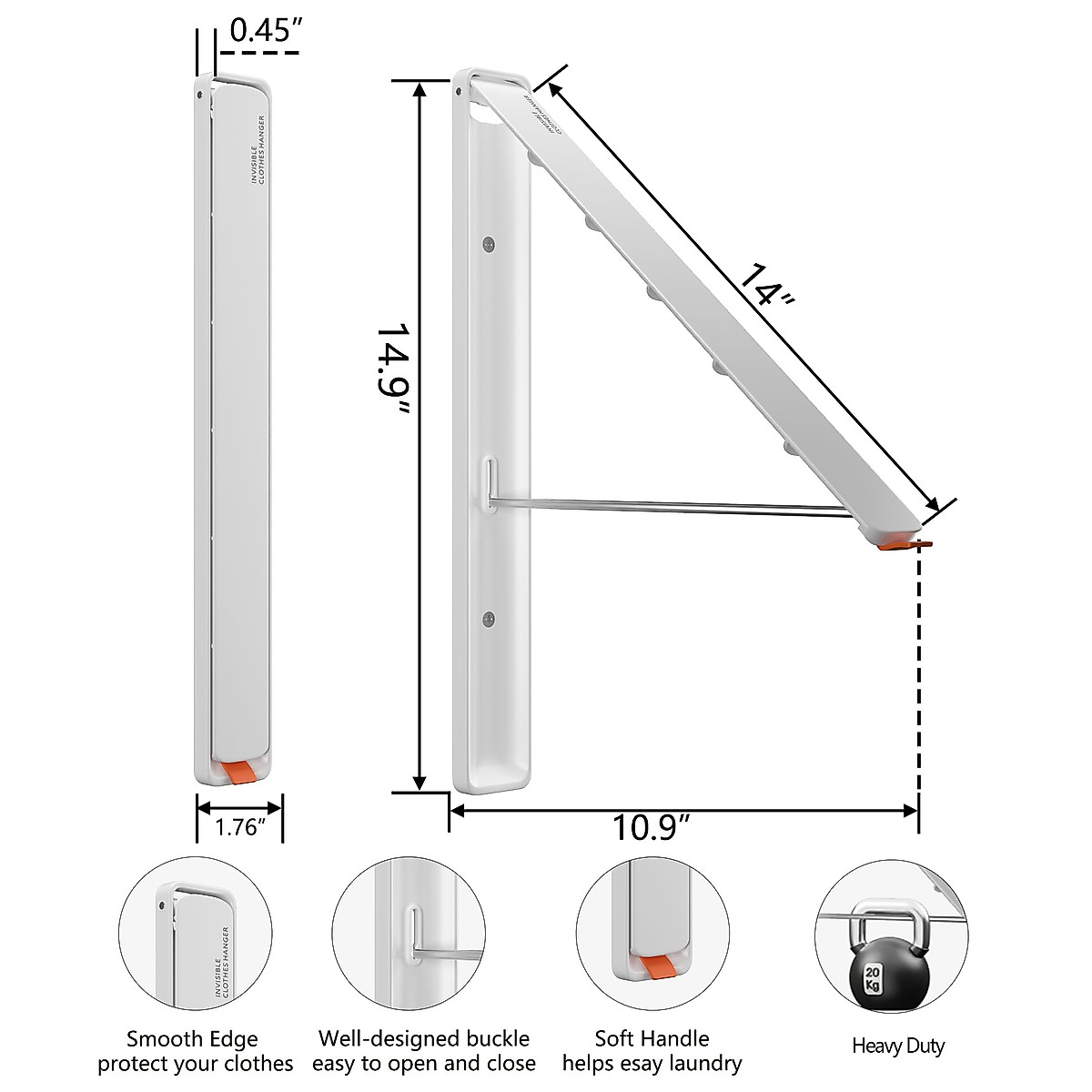 Dr.DJ Clothes Drying Rack Wall Mounted, Retractable & Foldable Clothes Hanger for Laundry Room Organization and Storage, Clothes Hanger Rack for Dorm, Closet, Balcony, Laundry Room(1P, Metal, White)