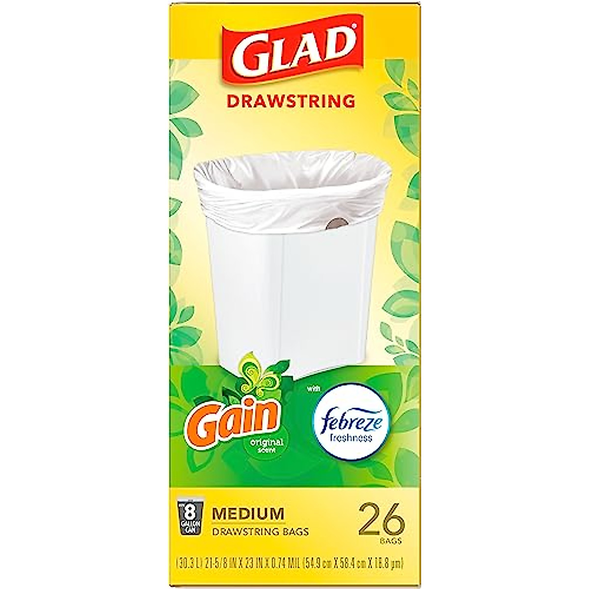 Glad Medium Drawstring Trash Bags, 8 Gal, Gain Original Scent with Febreze, 26 Ct, Pack May Vary