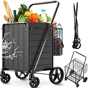 Shopping Cart for Groceries,Jumbo Upgraded Grocery Cart with Waterproof Liner, 360° Rolling Swivel Wheels and Double Basket, Heavy Duty Folding Shopping Cart for Shopping Laundry-Hold Up to 340 LBS