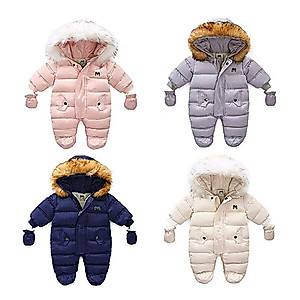 Pudcoco Toddler Baby Girls Boys Zipper Down Jumpsuits with Gloves, Winter Snowsuit Coat Romper Jumpsuit Outfits (D Pink Cotton Jacket + Gloves, 6-9M)
