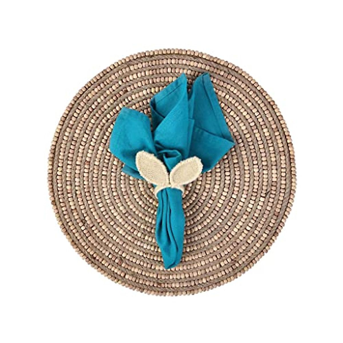 Trunkin' Set of 2, 14" Natural Jute & Wooden Beads Embroidered Placemat | Table Placemats for Easter Holiday or Spring Season | Table Mats for Party, Wedding