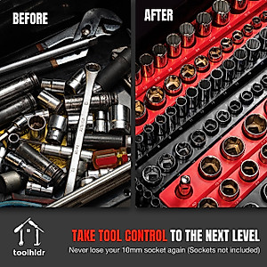 toolhldr Magnetic Socket Organizer - Metric & SAE Socket Tool Organizer Storage for 1/4", 3/8", 1/2" Drives - Fits Drawers, Toolboxes, Attaches to Metal Wall - Easy-to-Read - 6-Pack Black and Red