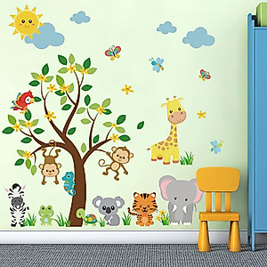 Supzone Jungle Animal Wall Stickers Monkey Tree Wall Decals Elephant Giraffe Tiger Wall Sticker for Kids Girls Boy Baby Nursery Playroom Bedroom Living Room Kindergarten Wall Decor