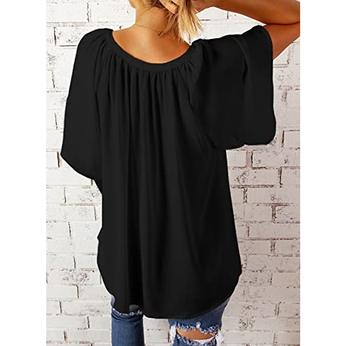 Dokotoo Womens Summer Tops Casual Short Sleeve Shirts V Neck Pleated Tunic Tops Loose Cute Bell Sleeve Chiffon Blouses for Ladies Plus Size,2XL(US 18-20),Black