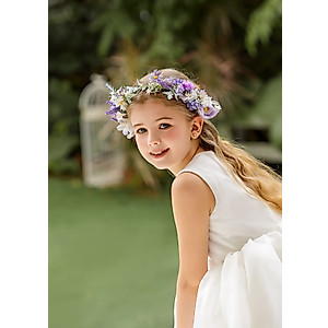 DreamLily Boho Wedding Floral Crown Woodland Fairy Crown Flower Girl rose Crown Hair Wreath with Tail DFS28 (Lavender)