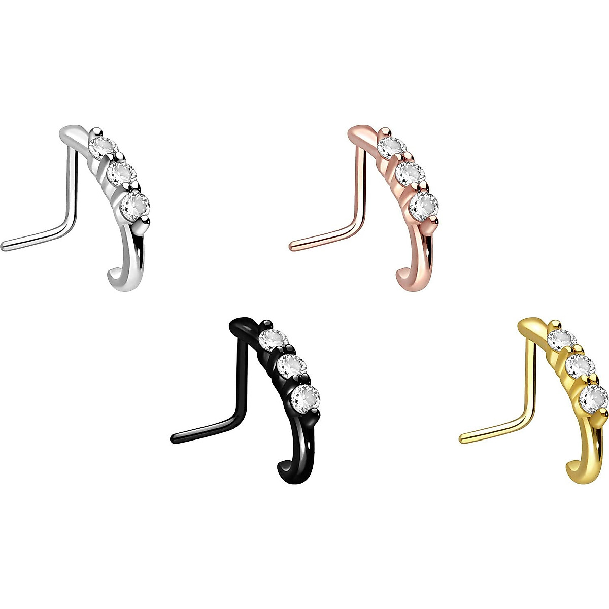 PIERCINGLINE 20G Surgical steel 316L nostril piercing jewelry | 3 BIG CRYSTALS | nose stud L-shaped