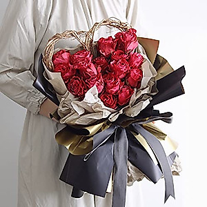 HYSSINOWRAP floral wrapping paper Double Sided Golden Flower Wrapping Paper Waterproof wrapping paper Bouquet wrapping paper DIY 20 Sheets 23.6X23.6 Inch (BLACK)