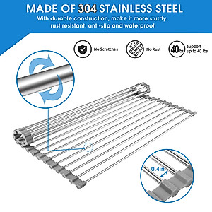 AOUAO Roll Up Dish Drying Rack,Multipurpose Stainless Steel Over The Sink Drainer Rack,Kitchen Portable Dish Rack (Round)