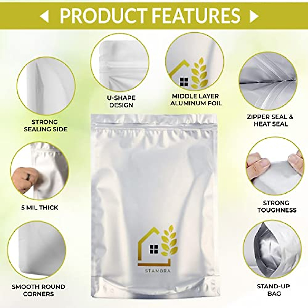Stamora 1 Gallon Mylar Bags - 25 Pack Resealable Mylar Bags for Food Storage 1 Gallon with Stand Up Design | Extra 5 Mil Thick Mylar Bags with with Transparent Front Side | 10" X 14"