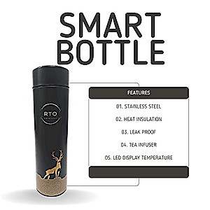 RTO Original Smart Thermos For Cold & Hot Drinks with Tea Infuser, Insulated Bottle with LED temperature Display | Spill & Leak Proof with Double Wall Stainless Steel (Black, 16 oz)