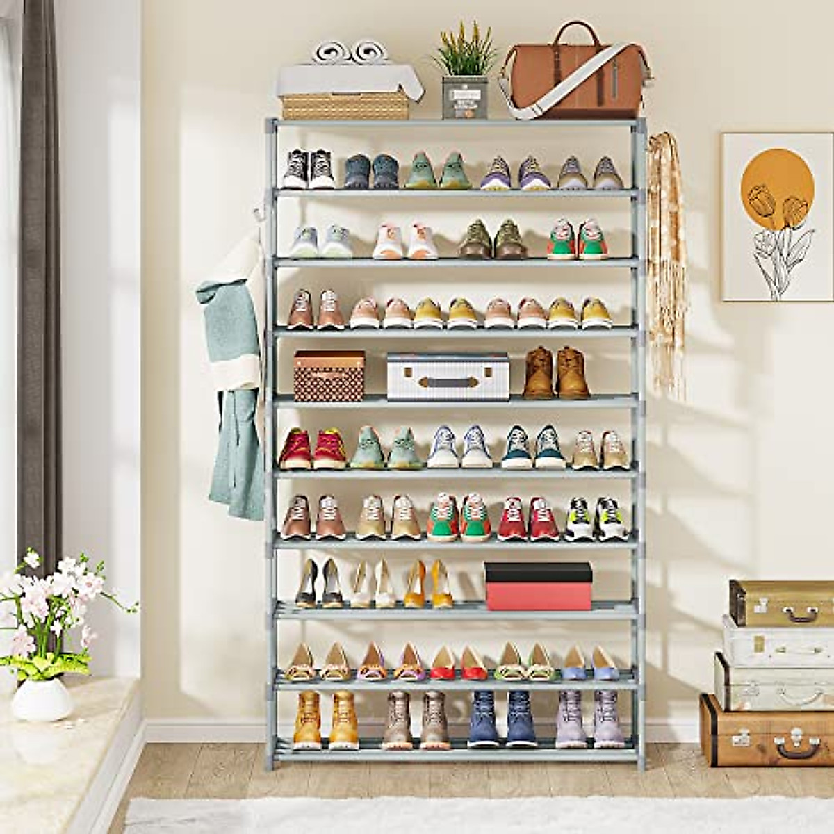Tribesigns 10 Tiers Shoe Rack Shoe Shelf Large Capacity Shoe Organizer Tall Shoe Storage for Closet Entryway, Space Saving Shoe Tower for Living Room Hallway (Grey)