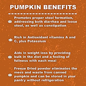 Whole Life Pet Pumpkin Powder for Dogs and Cats. Firms Stool, Relieves Diarrhea. Mix with Water for Instant Puree. No Mess or Waste from Cans. Human Grade Quality