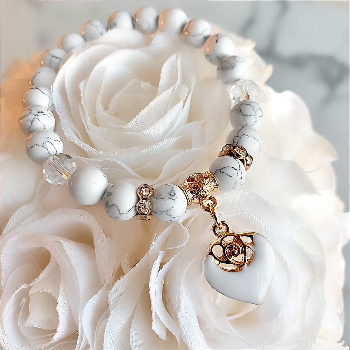 White Rose Beaded Bracelet, Cubic Zirconia