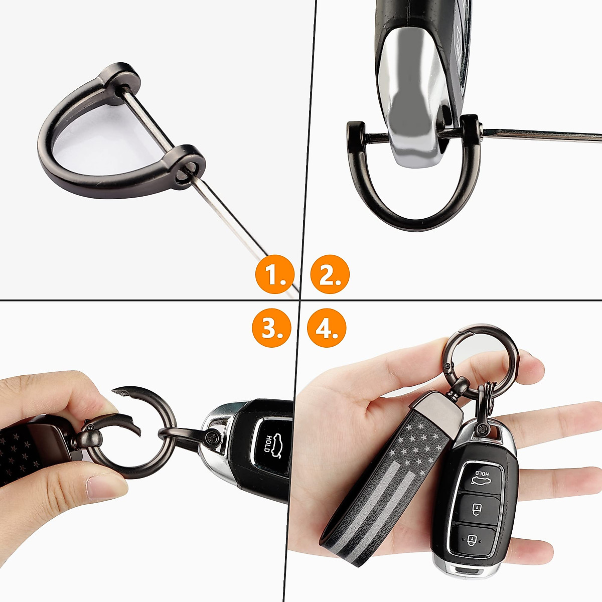 Turcee Leather American Flag Car Keychain,US Flag Car Key Fob,Zinc Alloy Anti-Lost D-ring Key Fob Keychain for Men and Women