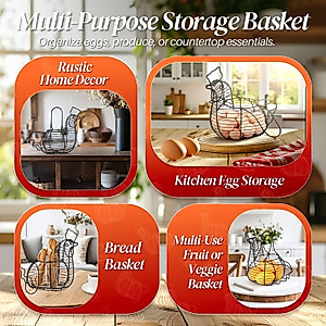 Flexzion Chicken Egg Holder, Small Wire Egg Collecting Basket with Handle for Farm Eggs, Fruits, Vegetables, Metal Wire Chicken Basket Decor for Kitchen, Countertop, Farmhouse Rustic Style, Black