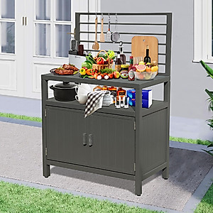 Domi Outdoor Kitchen Series, Modular Kitchen Island Counter with Whole Aluminum Finish & Shelf & Wall Hanging & Countertop & Storage Box & Cover, BBQ Grill Table for Deck Patio, Dark Gray