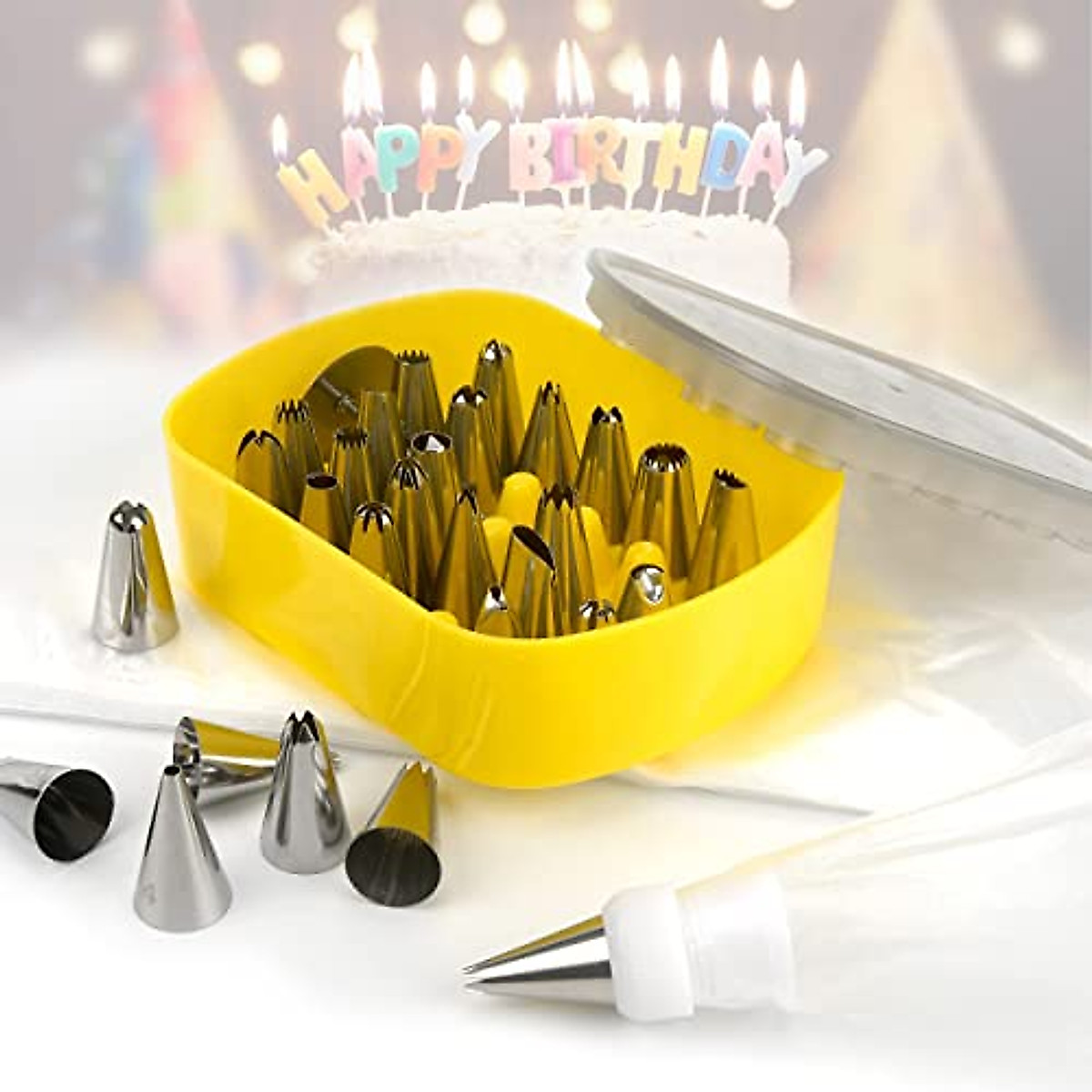 FIVETAS Cake Decorating Kit-27Numbered Icing Tips,50 Pastry Bags.6 Scrapers,1 Flower Nail,1 Piping Nozzles Coupler,1 Plastic Box and 1 Pattern Chart.