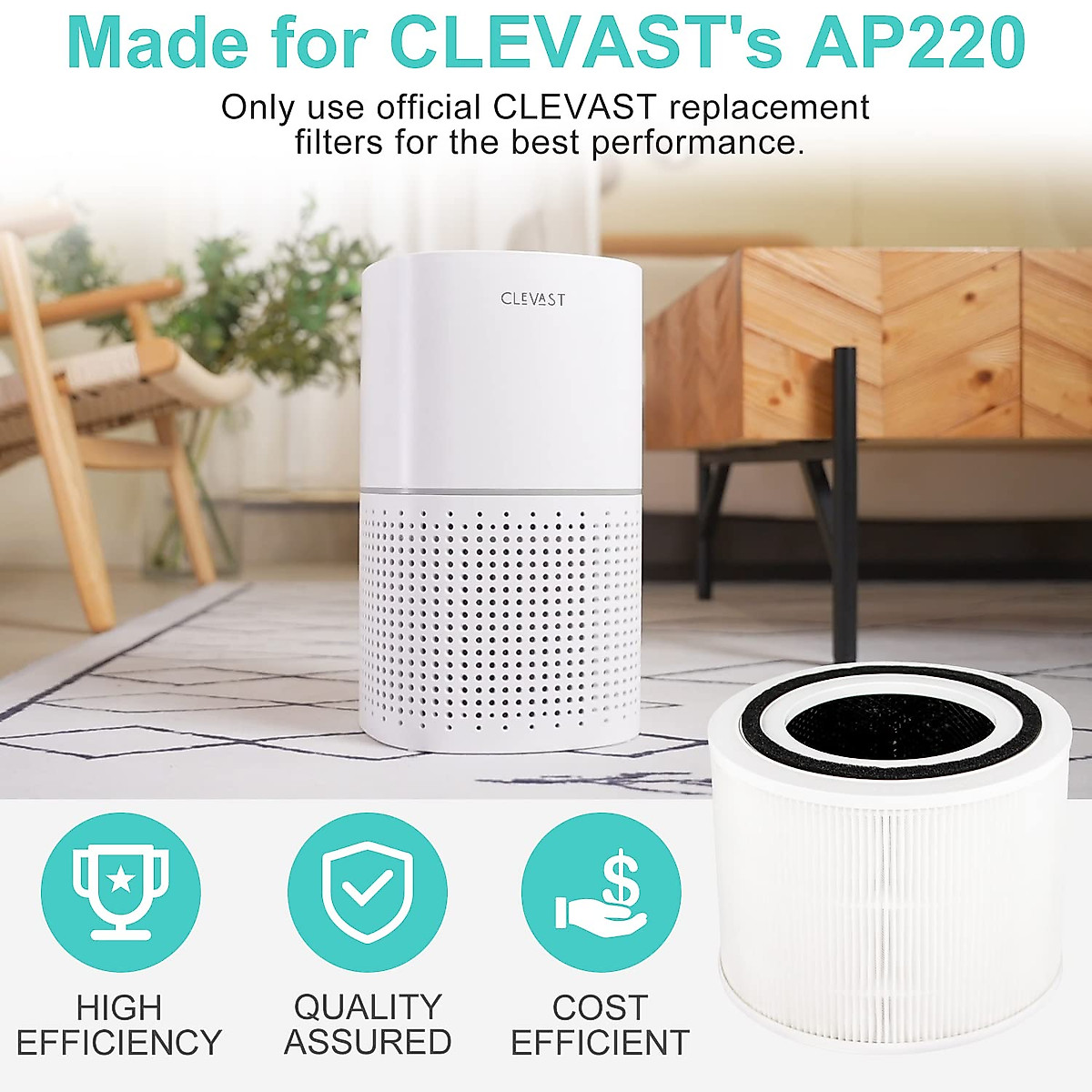 CLEVAST CL-AP220 Air Purifier Replacement Filter, 3-in-1 Pre-Filter, H13 True HEPA Filter, High-Efficiency Activated Carbon Filter, 1 Pack