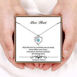 Iefil March Birthstone Necklace for Women, Blue Aquamarine Necklace Rose Love Heart Birthstone Jewelry Mothers Valentines Day Christmas Anniversary Birthday Gifts for Mom Wife Her