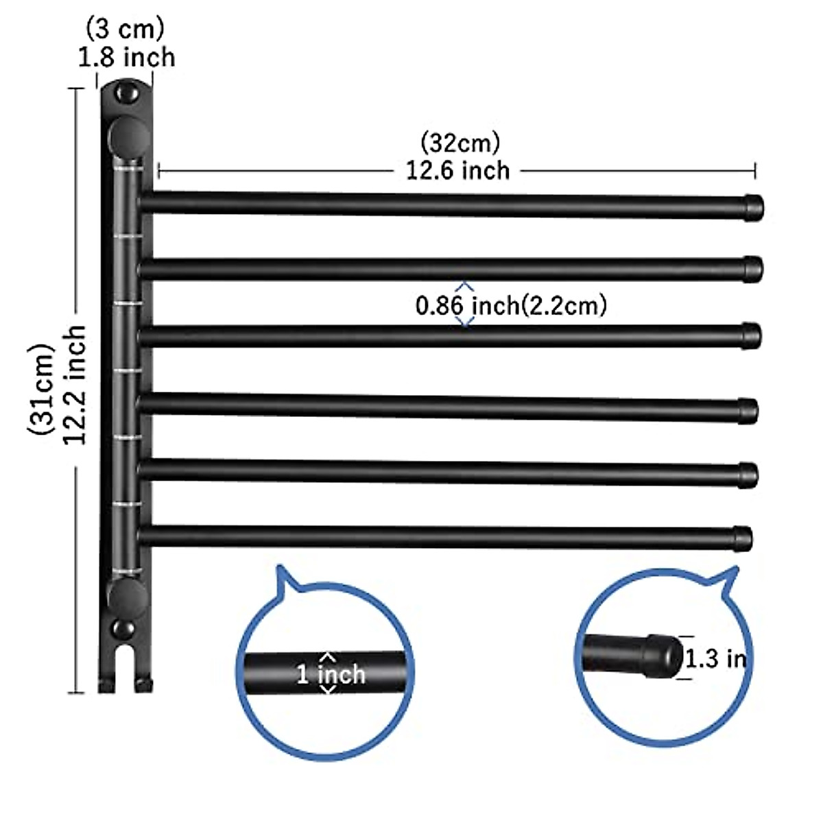 Swivel Towel Rack, Towel Bar with Wall Mounted 180° Rotation, 6-Arms Towel Hanger for SUS 304 Stainless Steel, Space Saving for Kitchen/ Bathroom, Matte Black