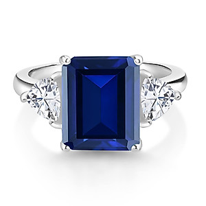 Gem Stone King 925 Sterling Silver Personalized Customized 12X10MM Emerald Cut and 5MM Trillion Cut Gemstone Birthstone 3 Stone Name Engraved Ring For Women (Size 6)