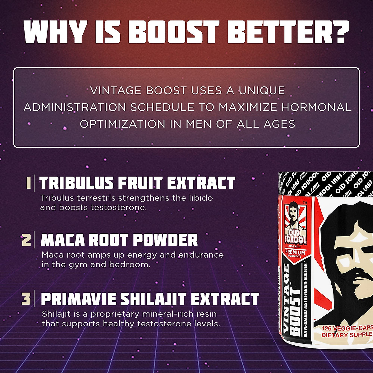 Vintage Boost – Testosterone Booster for Men with Natural Ingredients – Maca Root – Shilajit – Tribulus Terrestris – Boosts Vitality, Builds Muscle & Increases Muscle Hardness – 126 Veggie Caps