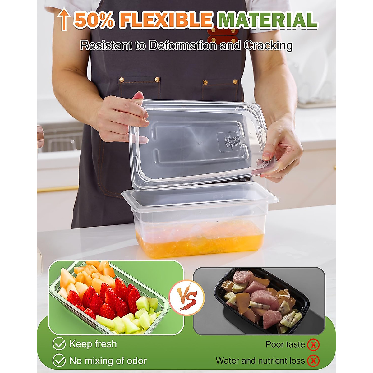 1/3-1/6-1/9 Size&6 Inch Translucent NSF Food Pan: 9 PCS[Total Seal] [Hot&Cold Resistant] Food Storage Containers with Lids, Topping Salad Bar Container (BPA-FREE)