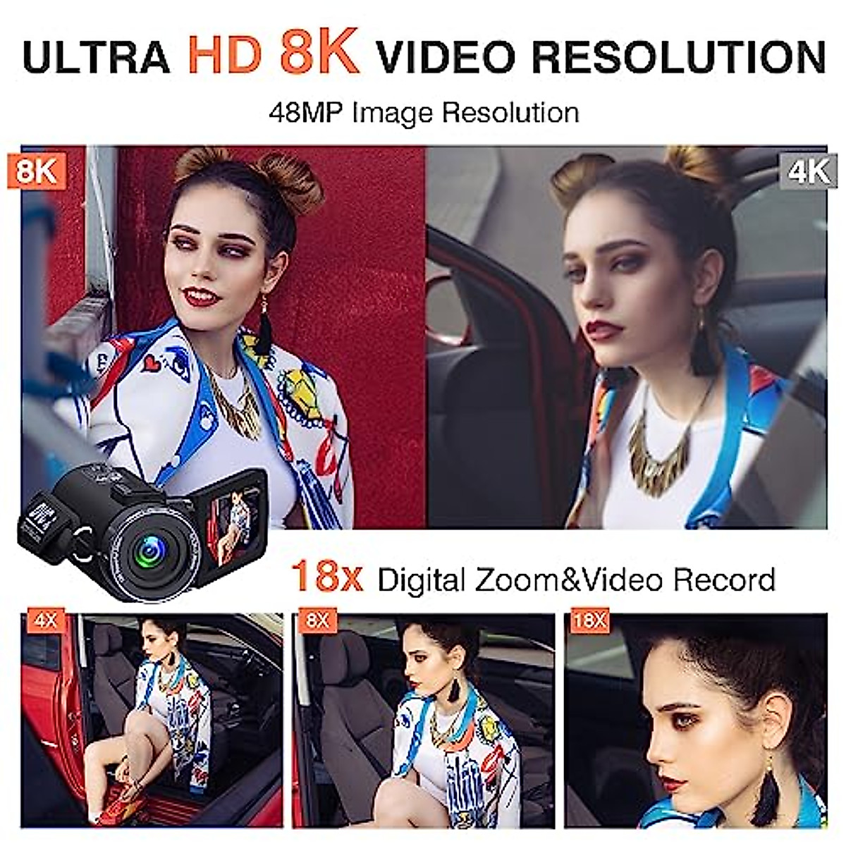 VETEK Video Camera 8k Camcorder 48MP UHD WiFi IR Night Vision Vlogging Camera for YouTube, 18X Digital Zoom 3.0“ LCD Screen Digital Camera with Microphone, 32G SD Card, Remote Control and 2 Batteries
