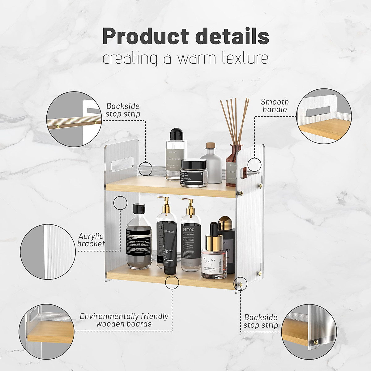 FSyueyun 2 Tier Bathroom Countertop Organizer, Wooden Vanity Shelf for Makeup, Skincare, Perfume, and Kitchen Spice Rack Tray (Beige)