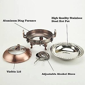 Retro Hot Pot Shabu Shabu Pot 1.3L Small Hotpot with Alcohol Stove - Single Person Soup Boiler Food Warmer Chafing Dish Set, Fuel not Included/Red Copper