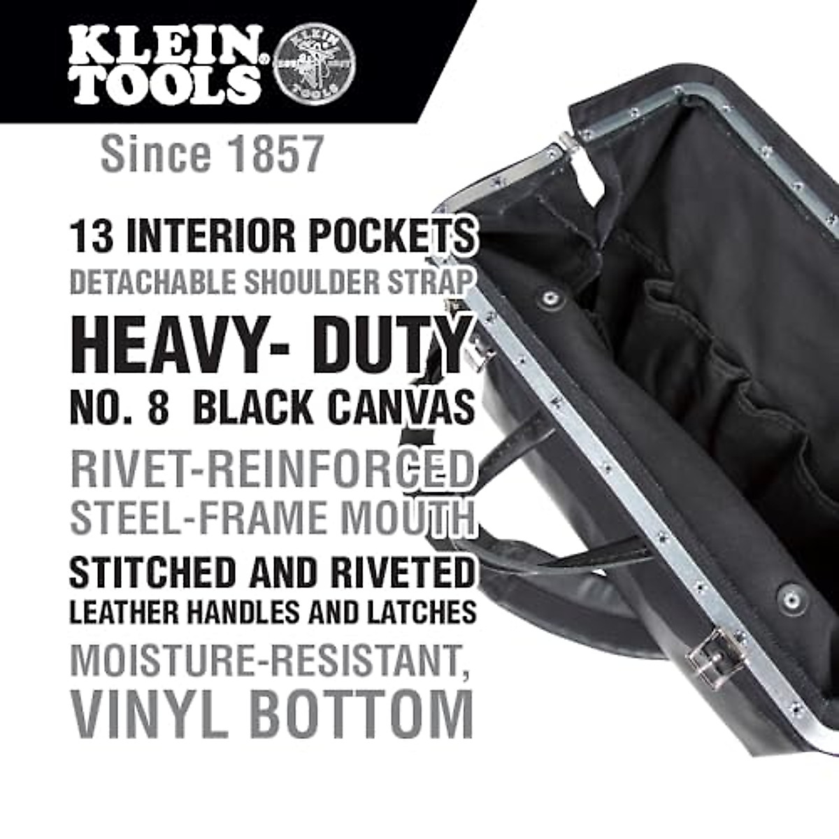 Klein Tools 510218SPBLK Tool Bag, Large 18-Inch Deluxe Canvas Tool Bag and Organizer with 13 Pockets and Shoulder Strap, Black