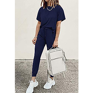 PRETTYGARDEN Women's Two Piece Outfit Short Sleeve Pullover with Drawstring Long Pants Tracksuit Jogger Set (Navy,Large)