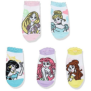Disney Girls' Little Princess 5 Pack No Show, Pastel Assorted Big Face, Fits Sock Size 6-8.5 Fits Shoe Size 7.5-3.5