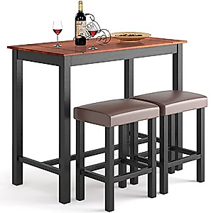 COSTWAY 3 Pieces Dining Table and Chair Set, Counter Height Wood Breakfast Table Set with 2 Upholstered Stools, Industrial Wood Kitchen Table Set for Bar Bistro,Living Room, Restaurant