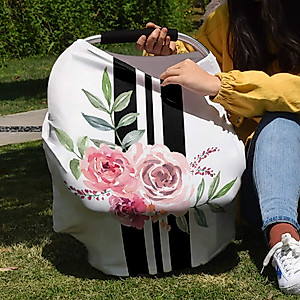 Baby Nursing Cover Carseat Canopy Spring Watercolor Blossom Pink Flowers Breathable Privacy Breastfeeding Scarf White and Black Stripe Multi Use Car Seat Covers for Boys or Girls
