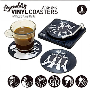 REDIVA Vinyl Record Coasters for Drinks with Record Player Holder, 6 Pcs Retro and Legendary Coasters Set, Funny Coasters for Music Lovers, Housewarming Hostess Gifts, Birthday Gift Ideas