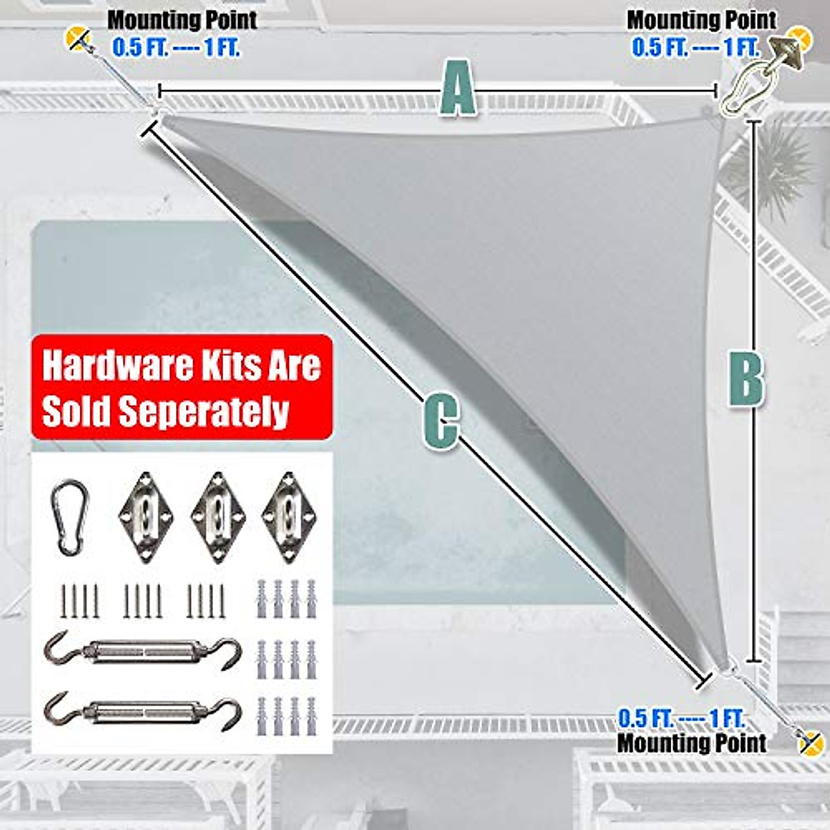 Amgo 32' x 32' x 32' Grey Triangle Sun Shade Sail Outdoor Canopy Awning AGTAPT32, 95% UV Blockage, Water & Air Permeable, 200GSM Commercial Standard Heavy Duty (We Make Custom Size)