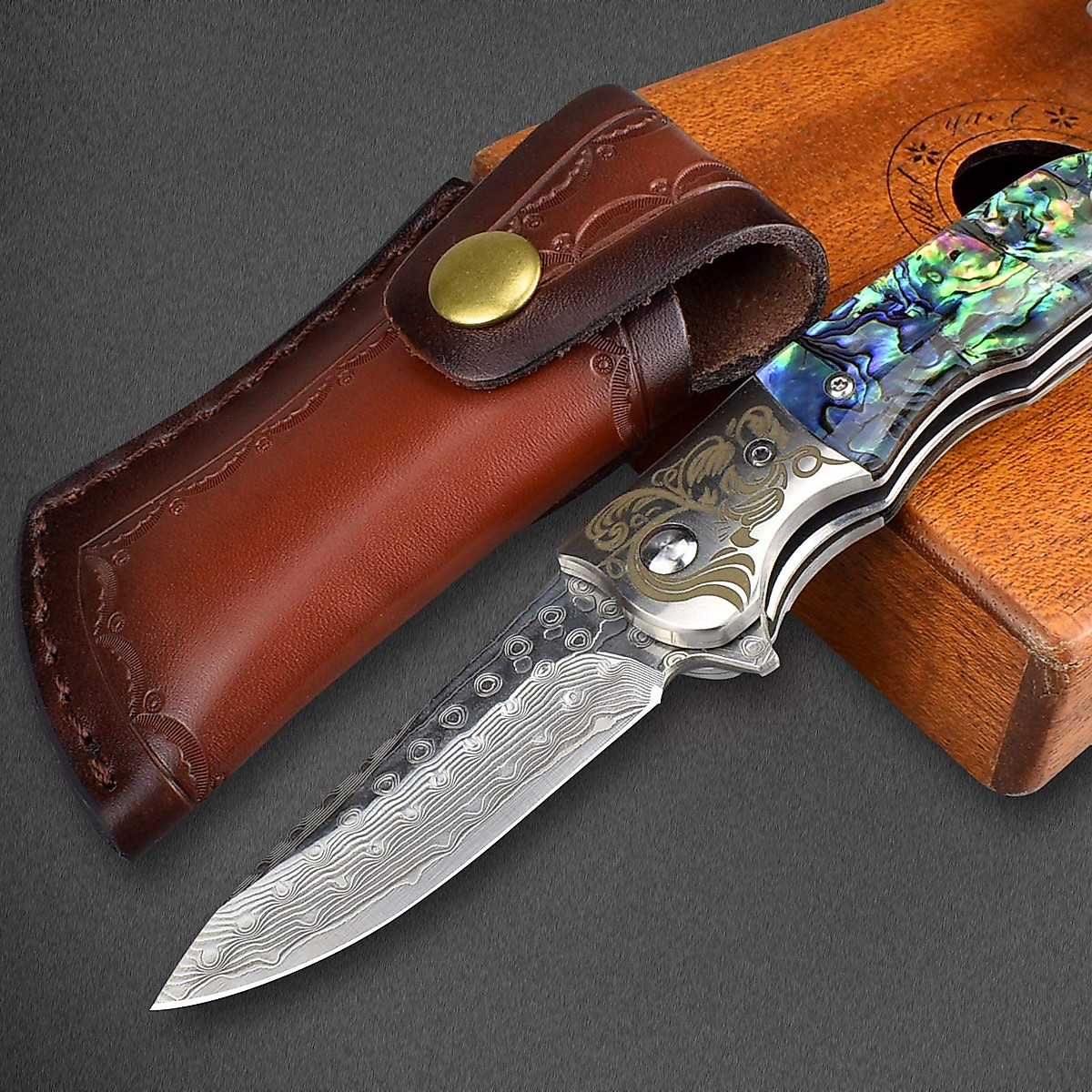 AUBEY Damascus Steel Pocket Knife with Clip, Abalone Shell Handle Folding Knife, Sharp EDC Hunting Knife with Leather Sheath for Camping Collection
