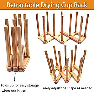 Cyauatt Wooden Cup Bottle Drying Rack, Retractable Drinking Glass and Sports Bottle Drainer Rack,Stand Cup Dish Holder and Plastic Bag Dryer Rack
